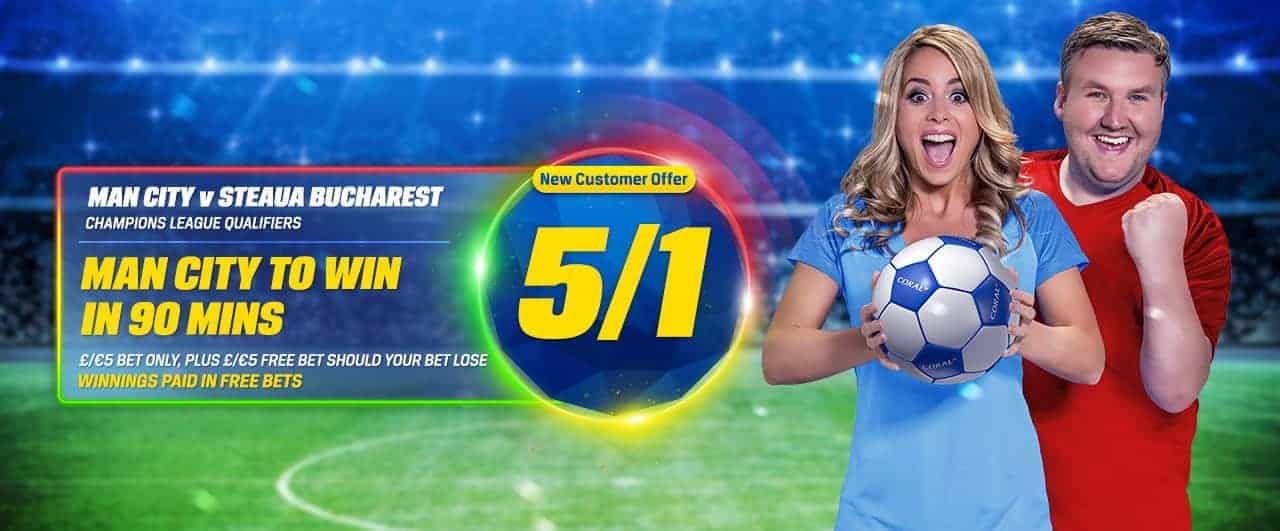 New customer offer: Man City price boost of 5/1 to beat Steaua Bucharest