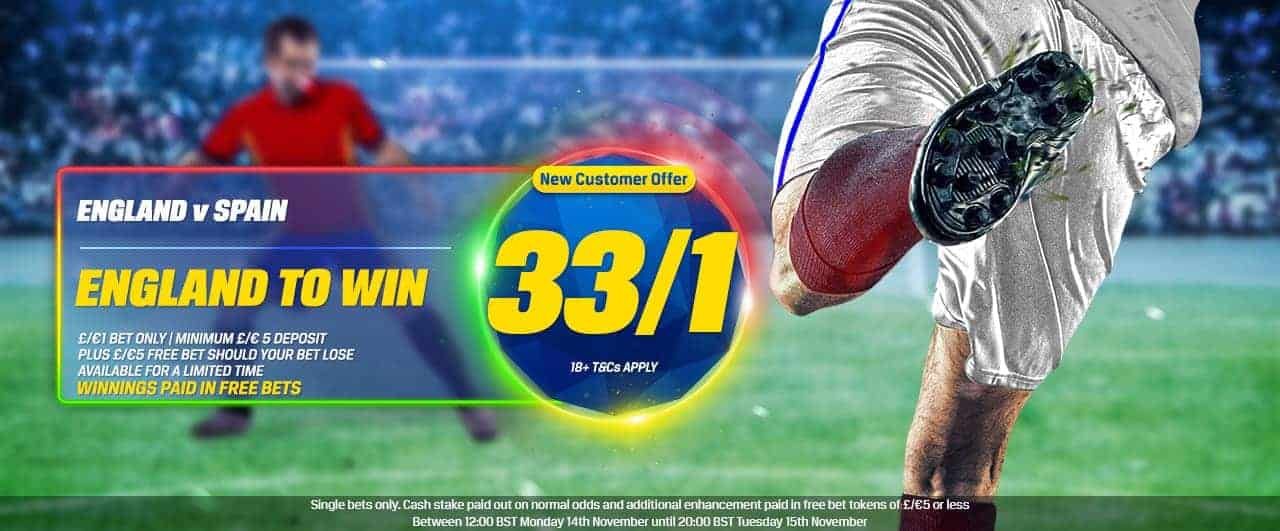 New customer offer: England enhanced odds of 33/1 to beat Spain
